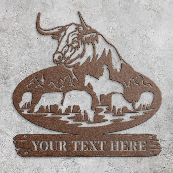 Personalized Bulls And Horse Rider Name Metal Sign Gift. Custom Landsc ...